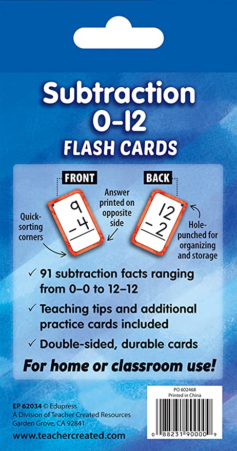 Subtraction 0–12 Flash Cards – Miller Pads & Paper