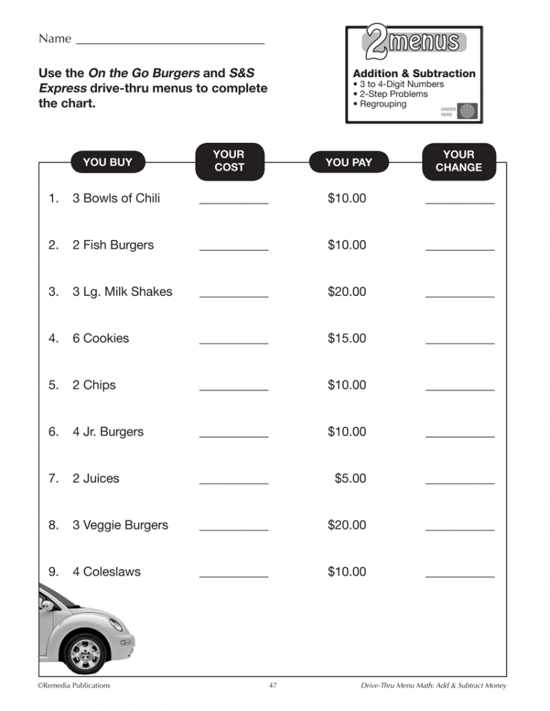 Drive-Thru Menu Math: Addition & Subtraction – Miller Pads & Paper